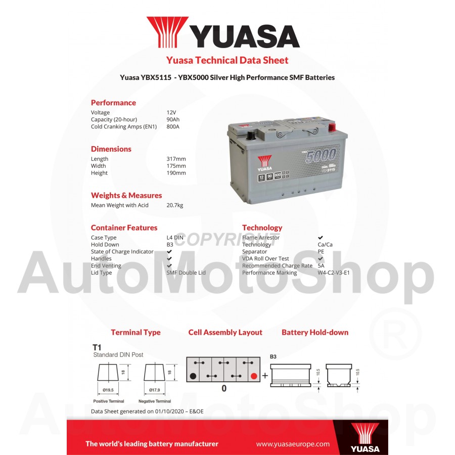 Oriģinālais YUASA Auto akumulators 12V 90Ah 800A 175x190x315 Silver ...